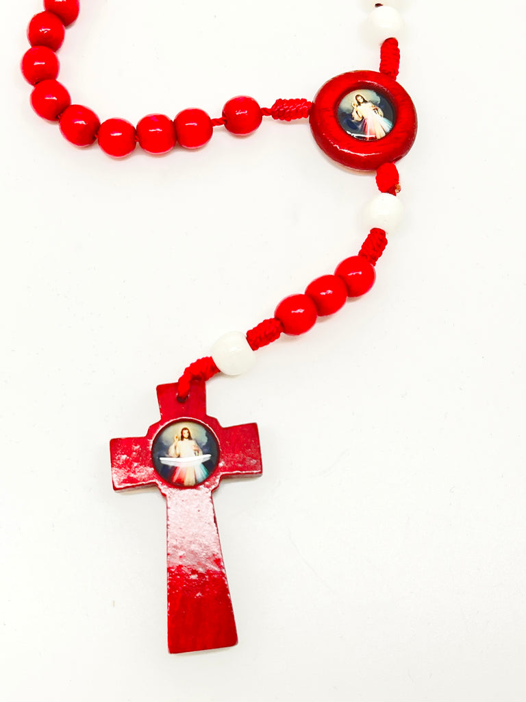 Red and White Divine Mercy Wood Rosary – Unique Catholic Gifts