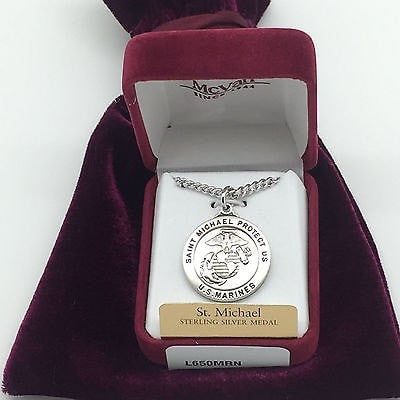 Sterling Silver Saint St Michael & US Marines Medal 7/8" with chain ...