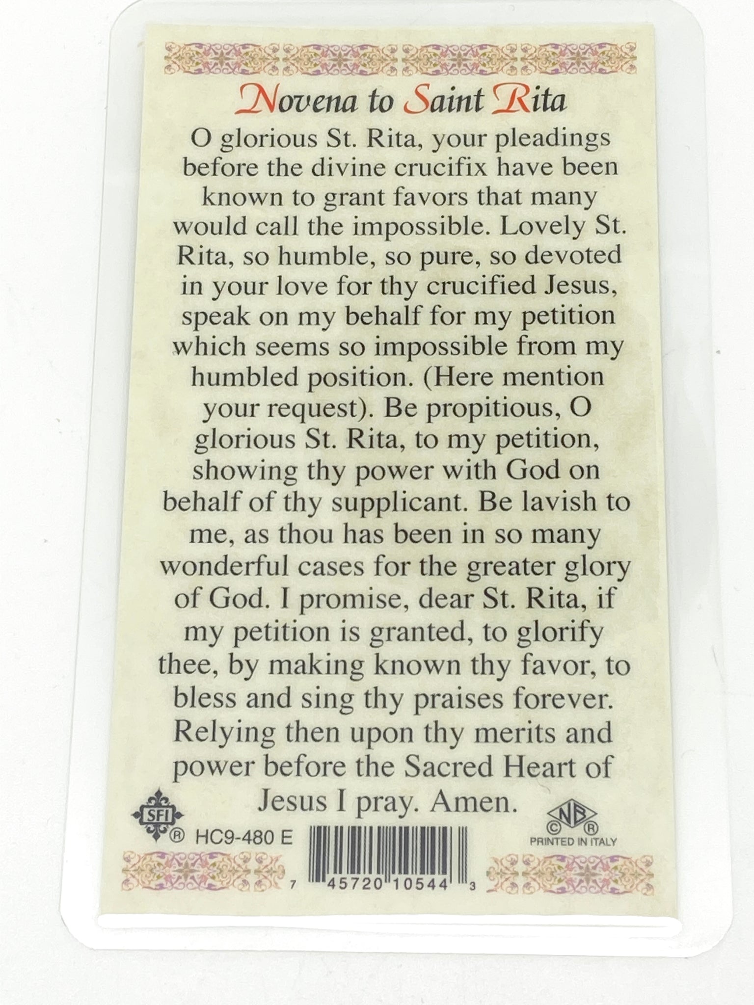St. Rita Laminated Holy Card| Unique Catholic Gifts