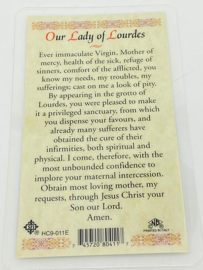 Our Lady of Lourdes with Bernadette Laminated Holy Card (Plastic Cover – Unique Catholic Gifts