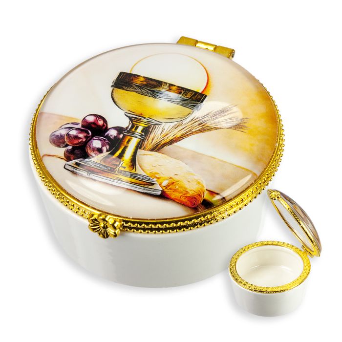 Round Porcelain Rosary First Communion Box with Glass Enclosed Top ...